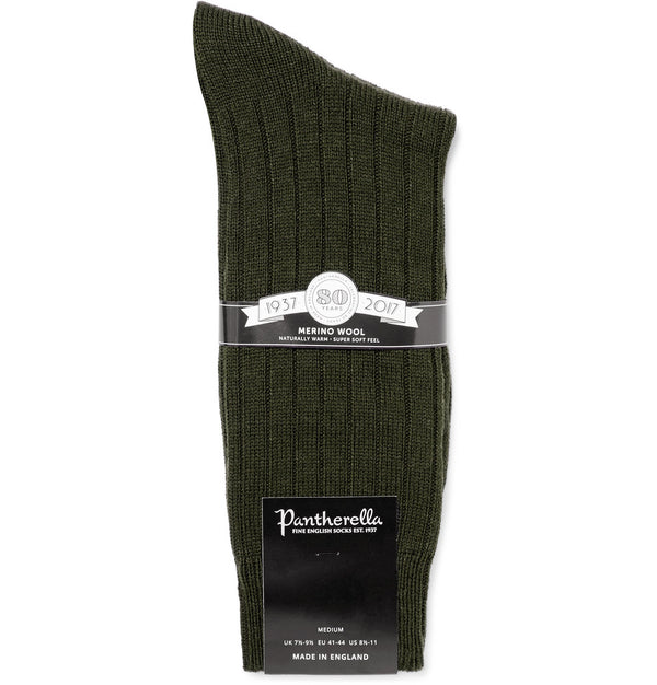 PANTHERELLA Packington Ribbed Merino Wool-Blend Socks in Olive - Solespun